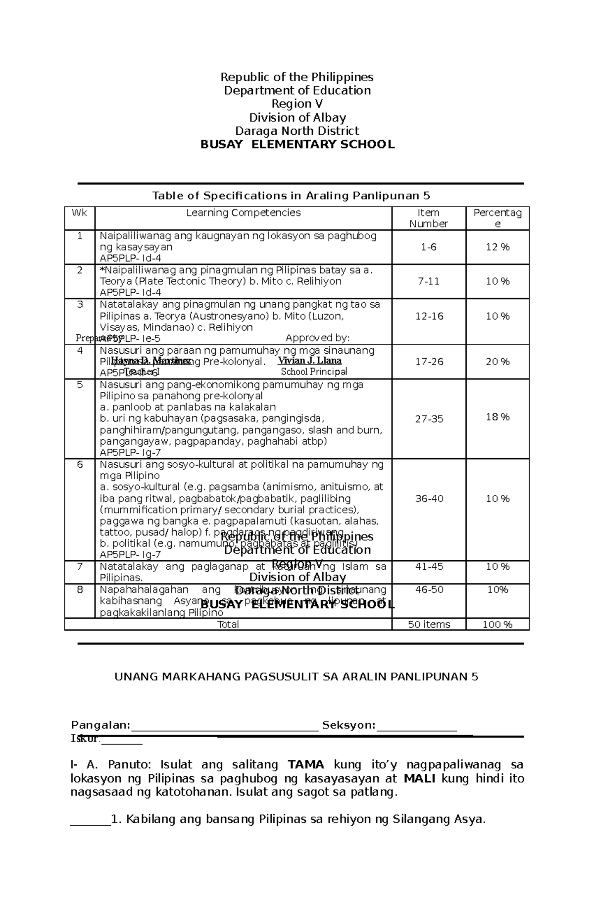 ST W TOS AP5 Q1 - these are sample quiz - Republic of the Philippines ...
