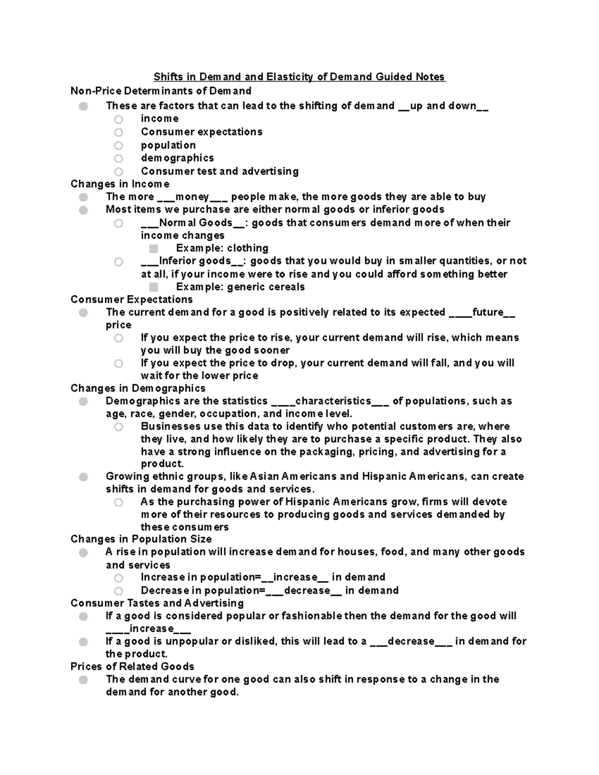 Shifts in Demand and Elasticity of Demand Guided Notes - Businesses use ...