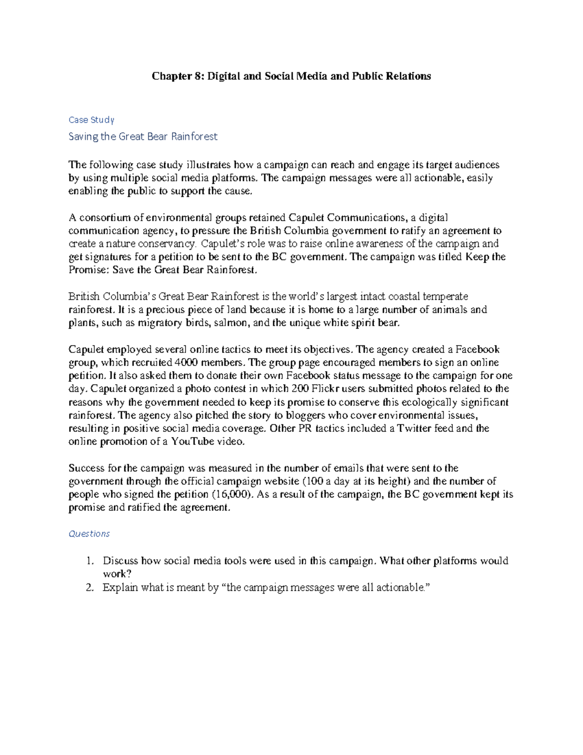 PRLN 1150 Chapter 8 practice case study - Chapter 8: Digital and Social Media and Public ...