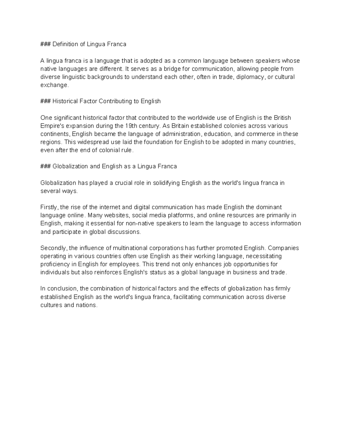 Definitions for Vocabulary assignment - Definition of Lingua Franca A ...