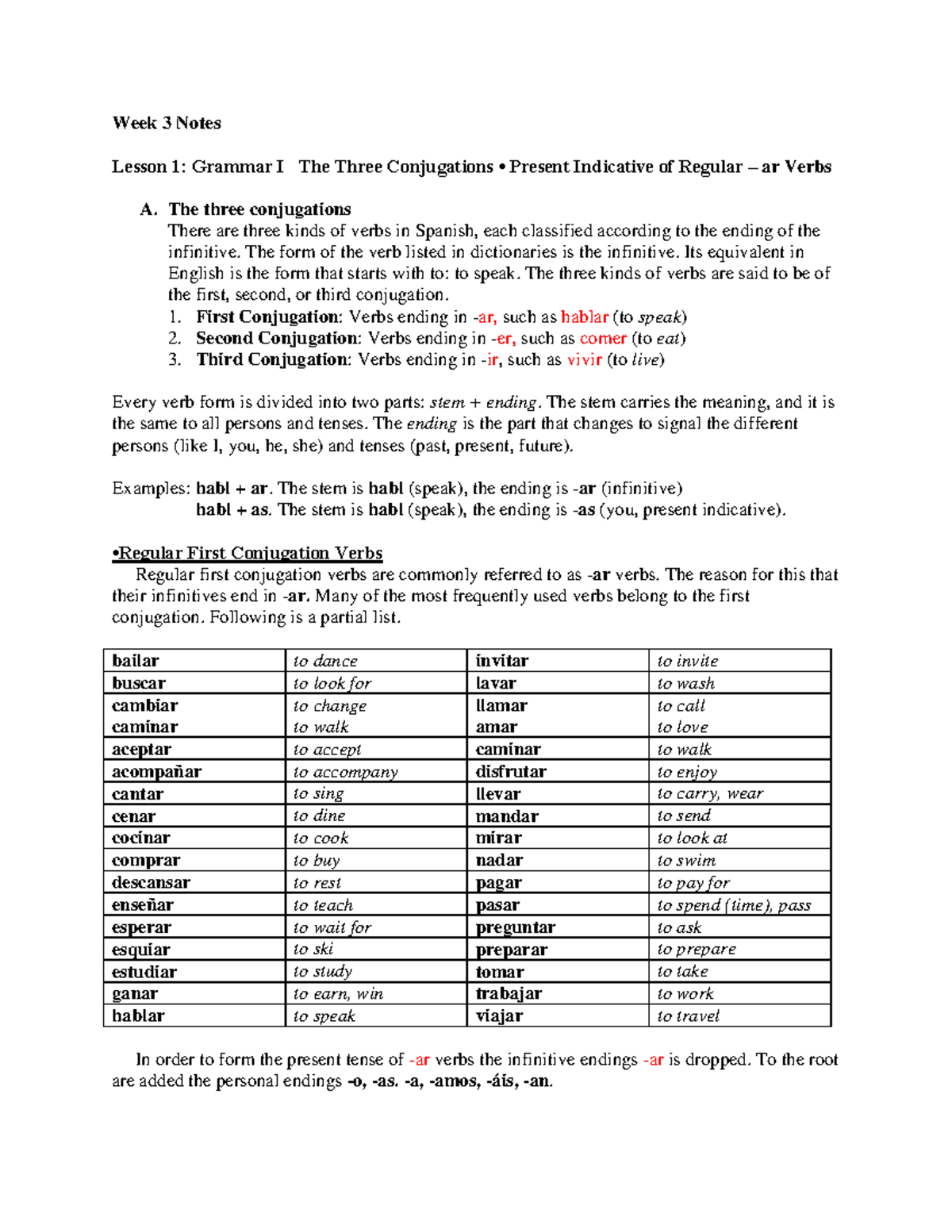 Week 3 Notes The Three Conjugations of the Present Indicative of ...