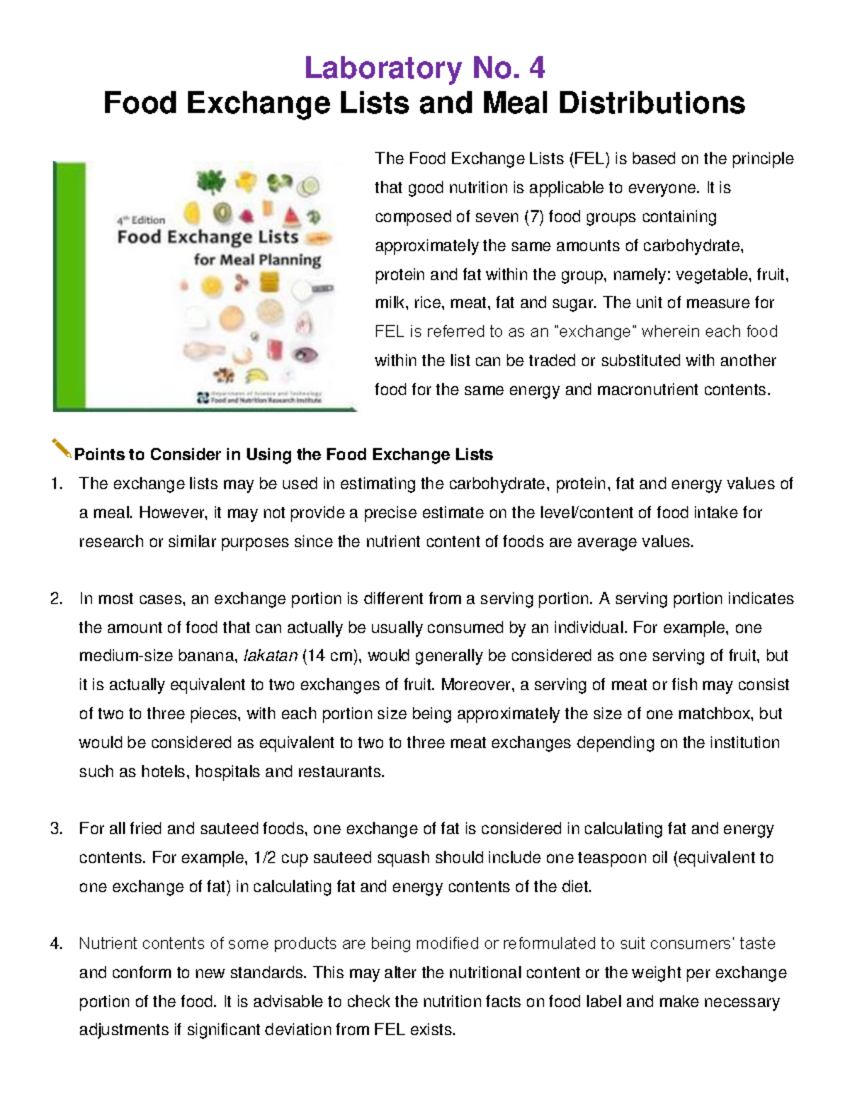 Lab FEL CPF-Distribution - Laboratory No. 4 Food Exchange Lists and ...