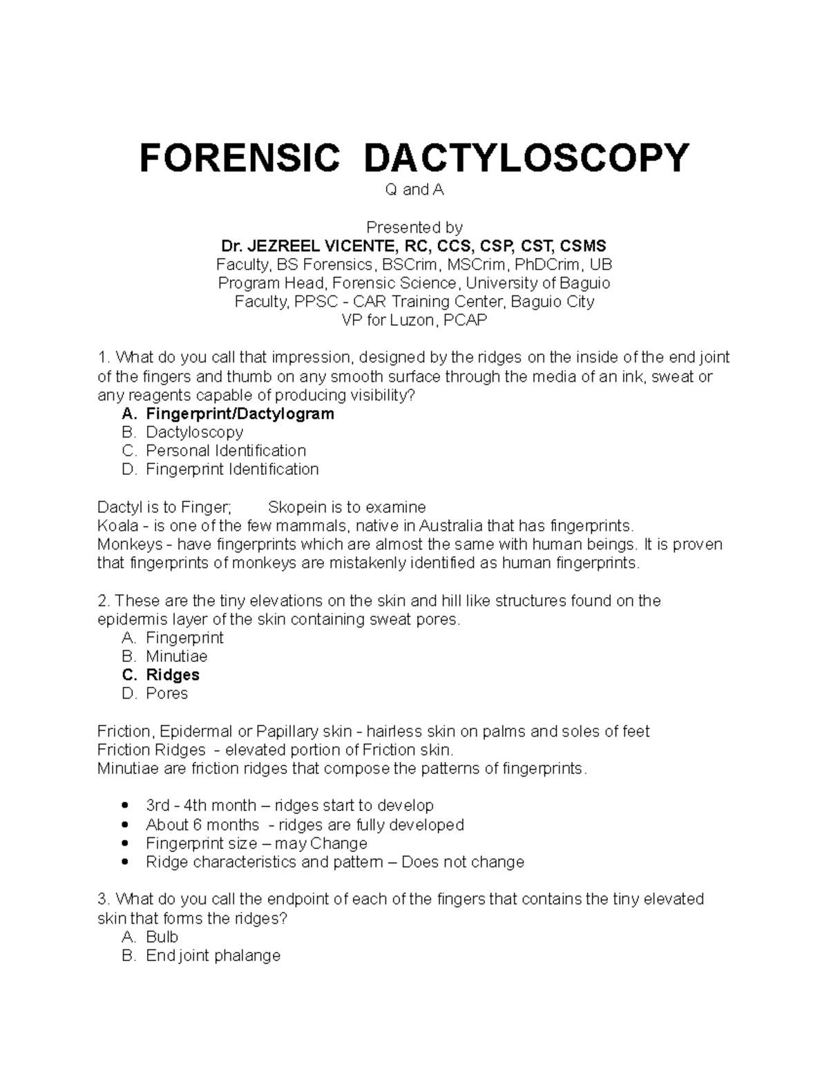 Q and A Dactyloscopy - in preparation for board ecam - FORENSIC ...