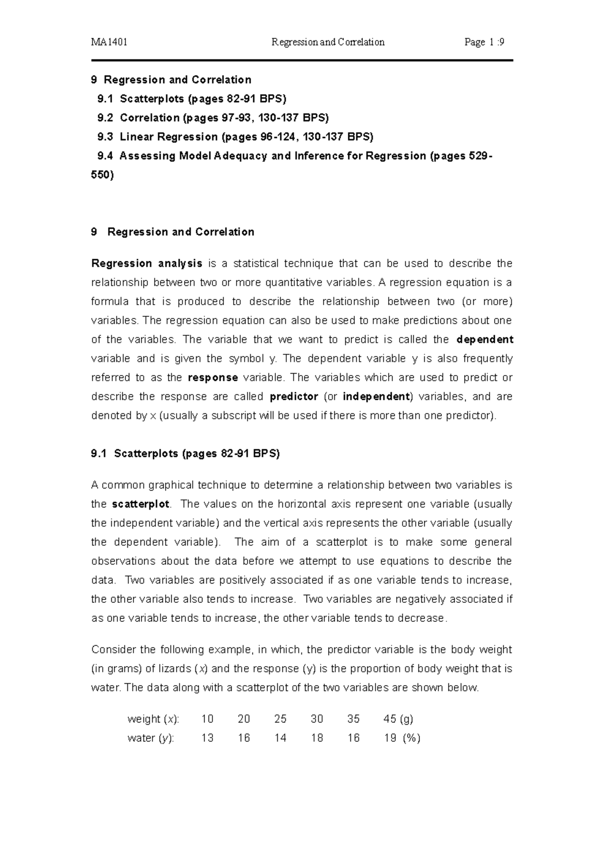 RM9 Regression notes - 9 Regression and Correlation 9 Scatterplots ...