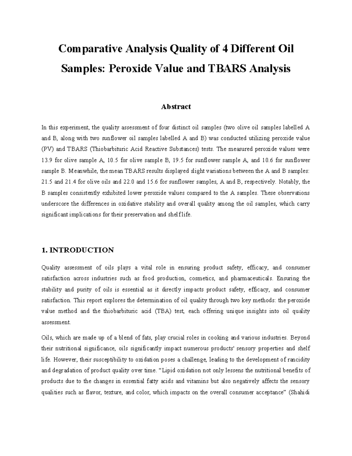 Lab Report. Lipid - Comparative Analysis Quality of 4 Different Oil ...