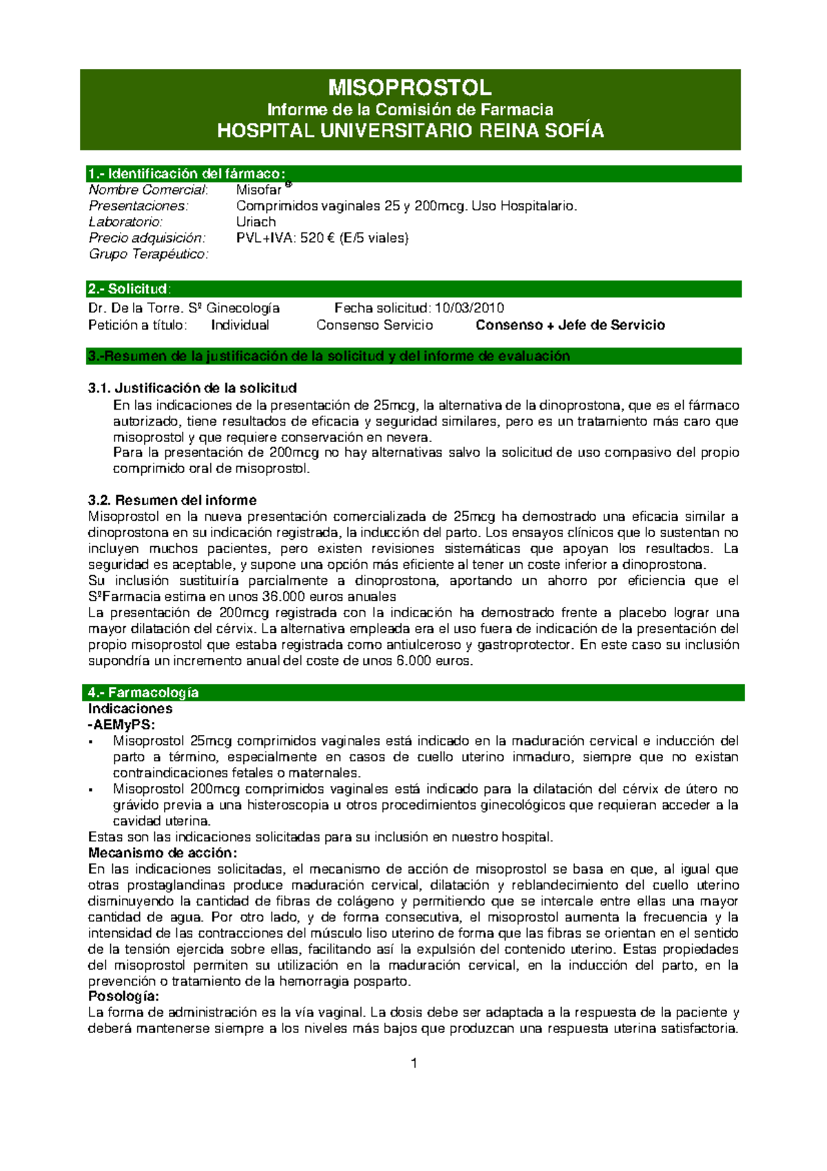 Misoprostol - 1.- Identificación del fármaco: Nombre Comercial: Misofar ...