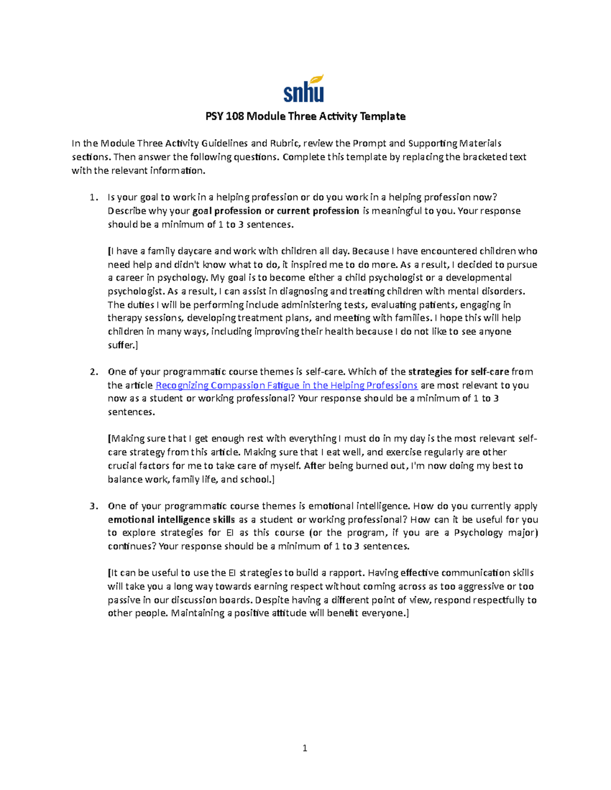 PSY 108 Module Three Activity Template - Then answer the following ...