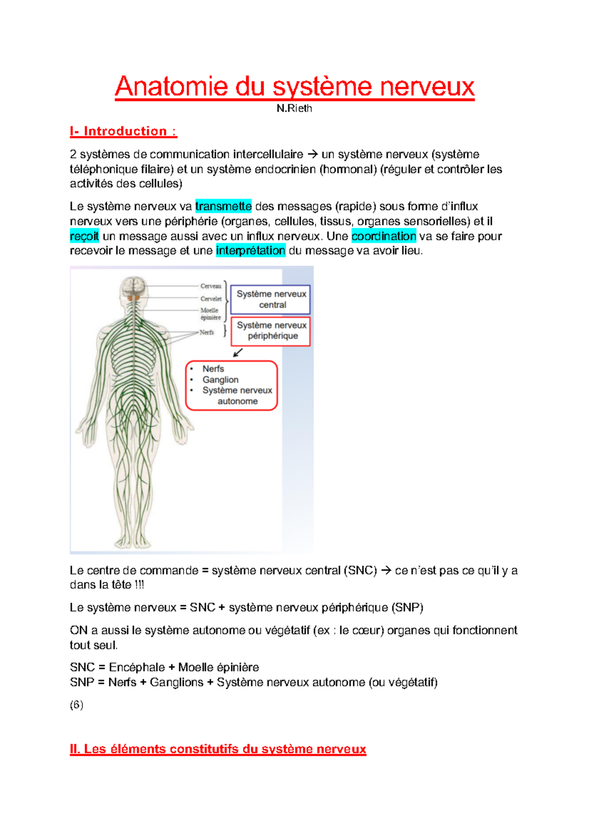 Anatomie du système nerveux Mme Rieth - Anatomie du système nerveux N I ...
