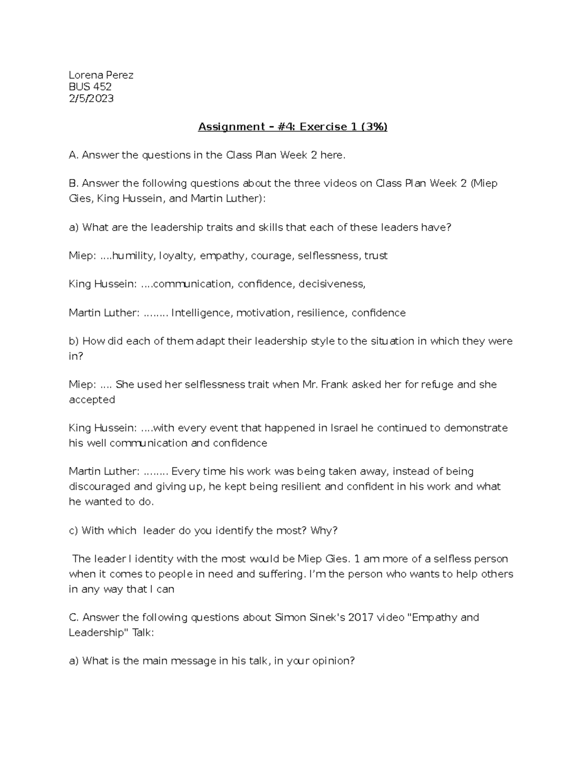 #4 Exercise 1 (3%) - Assignment regarding Class Plan for the given week - Lorena Perez BUS 452 2 ...