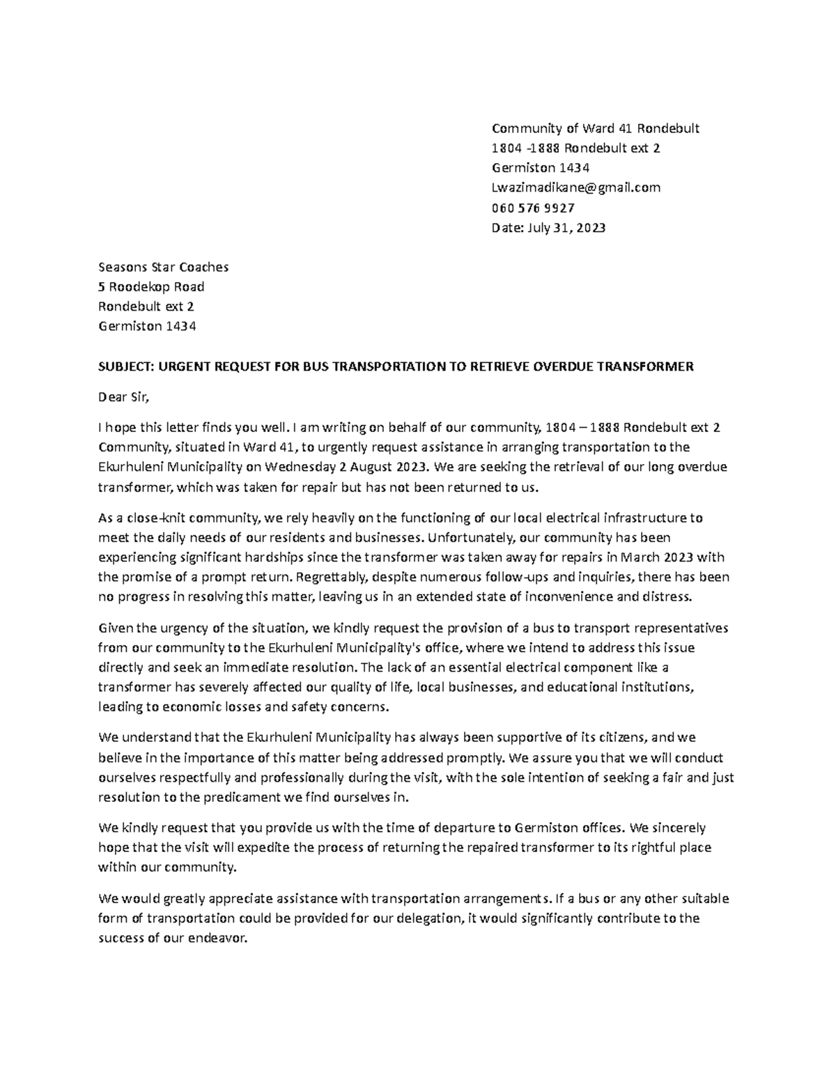 Community of Ward 41 Rondebult - Bus Request Letter - Community of Ward ...