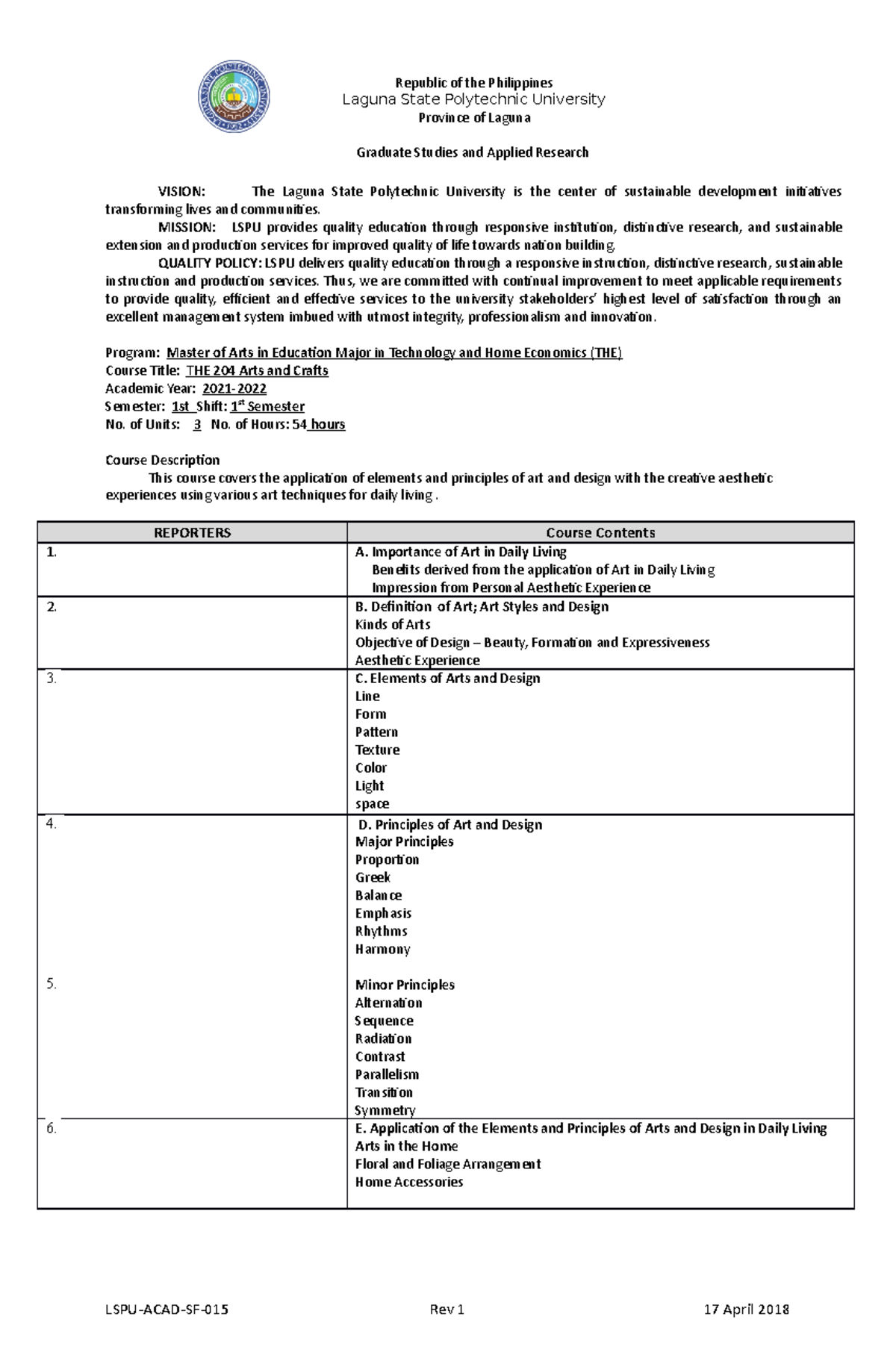THE 204 Arts and Crafts 2021-2022 - Republic of the Philippines Laguna ...