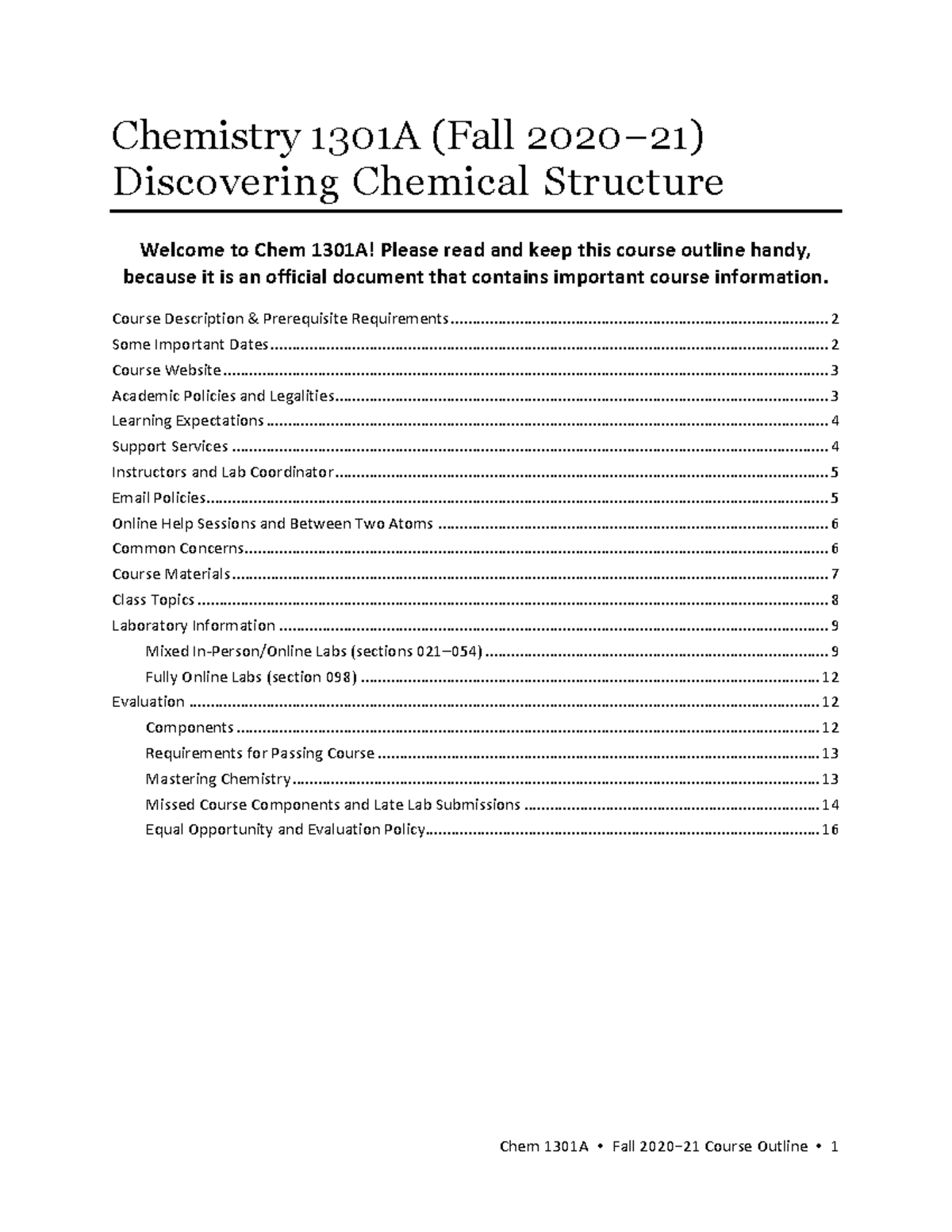 Chem 1301A 2020 course outline - Warning: TT: undefined function: 32 Warning: TT: undefined ...