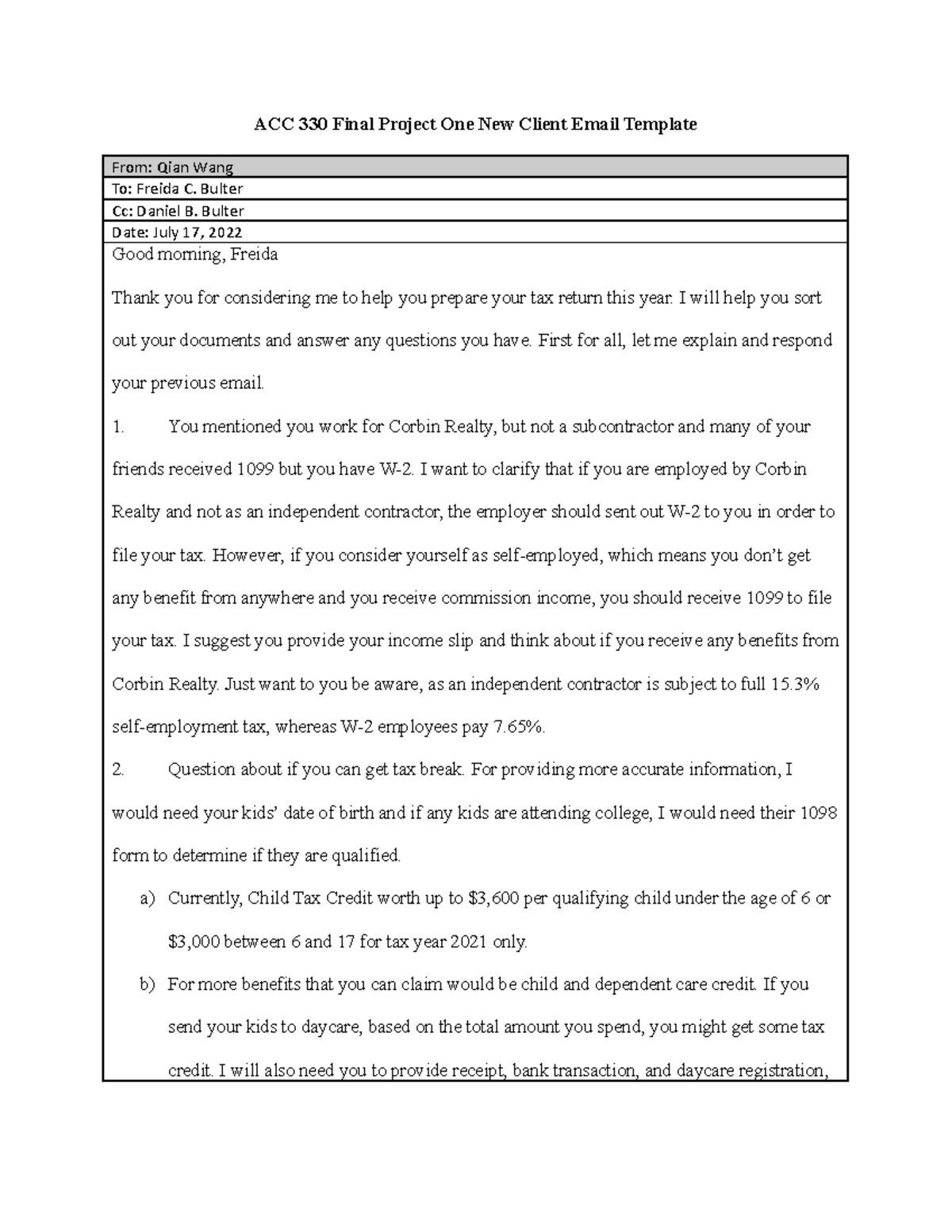 ACC 330 Final Project One New Client Email - Bulter Cc: Daniel B ...