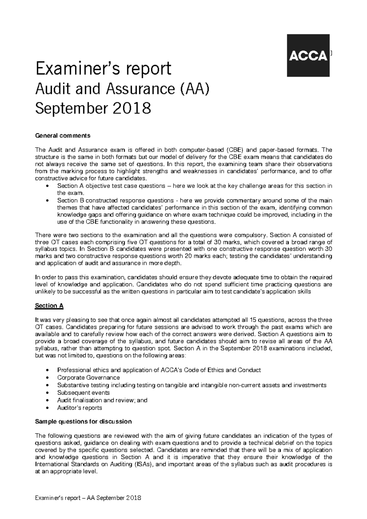 Aa-examreport-S18 - report - [Type text] Examinerís report Audit and ...