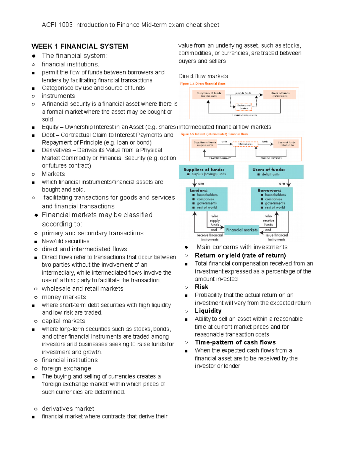 ACFI 1003 Finance Cheat Sheet summary - WEEK 1 FINANCIAL SYSTEM The ...