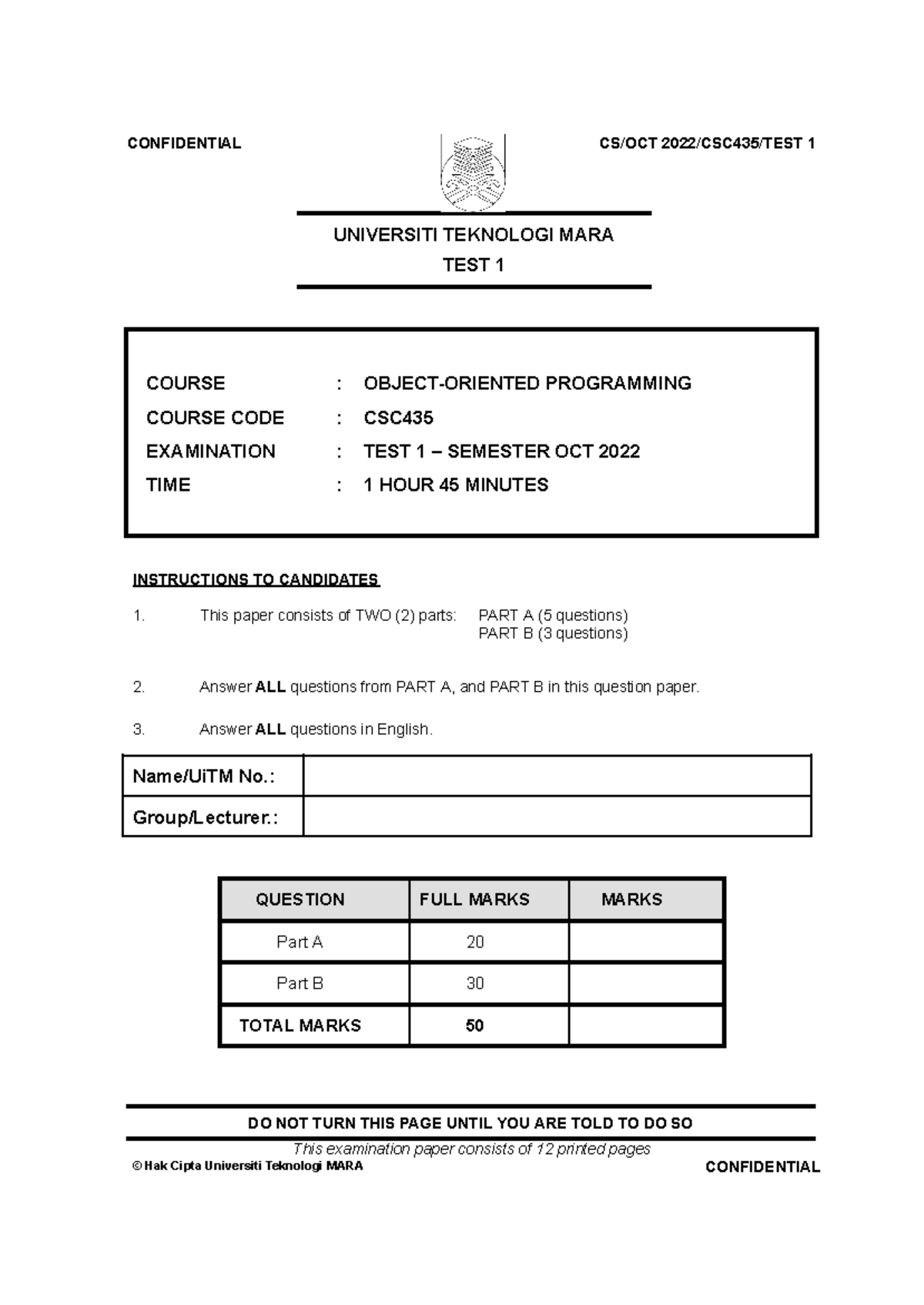 CSC435 OCT2022 Test1 Q - OOP TEST 1 2022 - UNIVERSITI TEKNOLOGI MARA ...