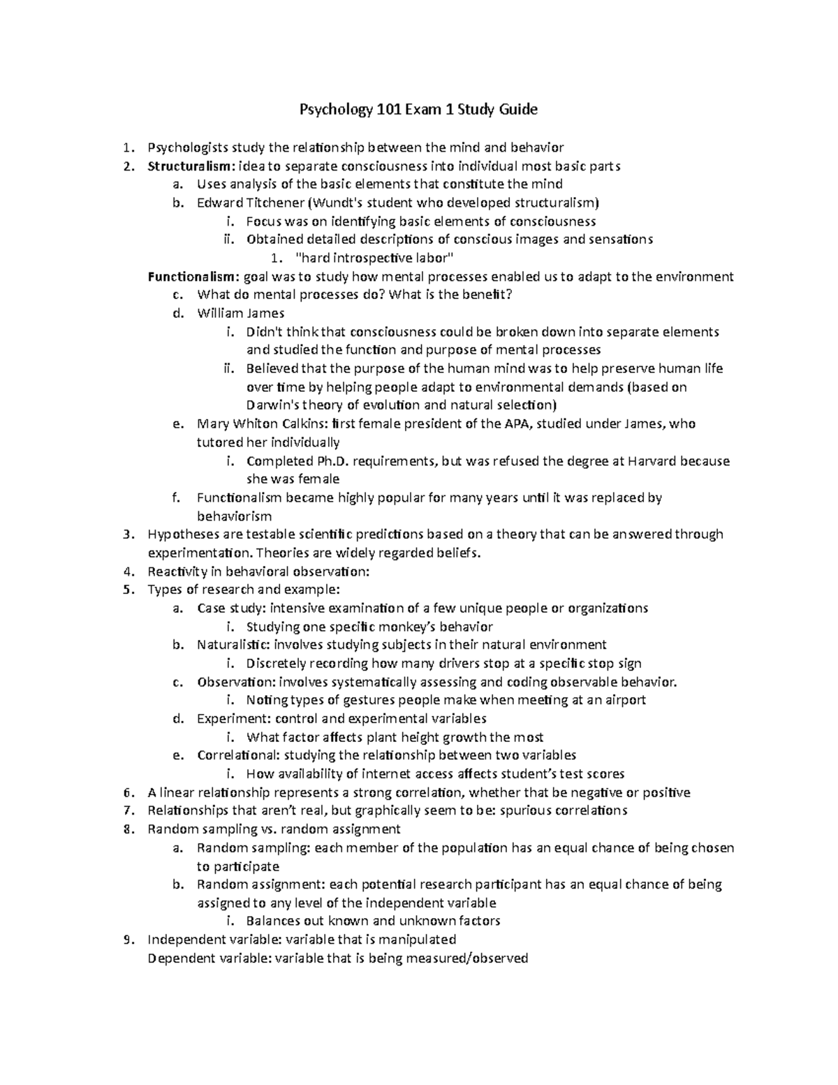 Study guide Autumn 2019, questions - Psychology 101 Exam 1 Study Guide ...