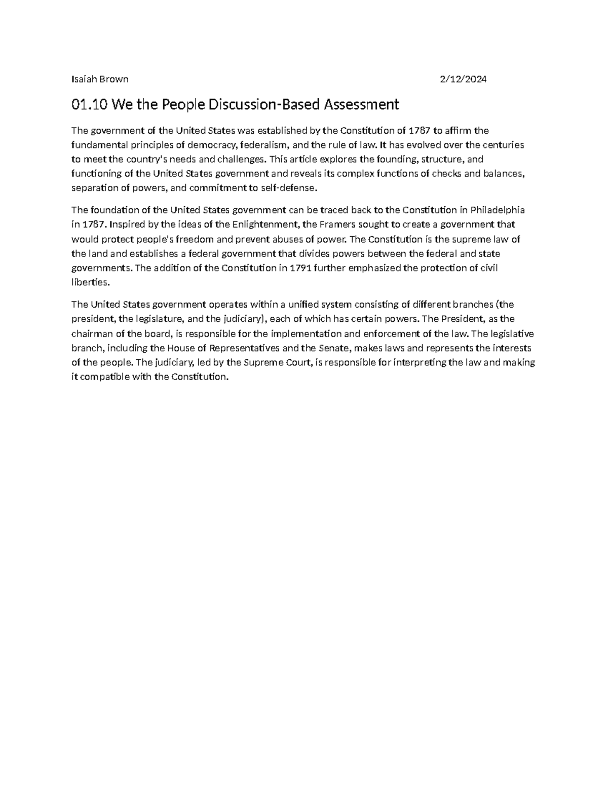 01.10 We the People Discussion-Based Assessment - Isaiah Brown 2/12/ 01 ...