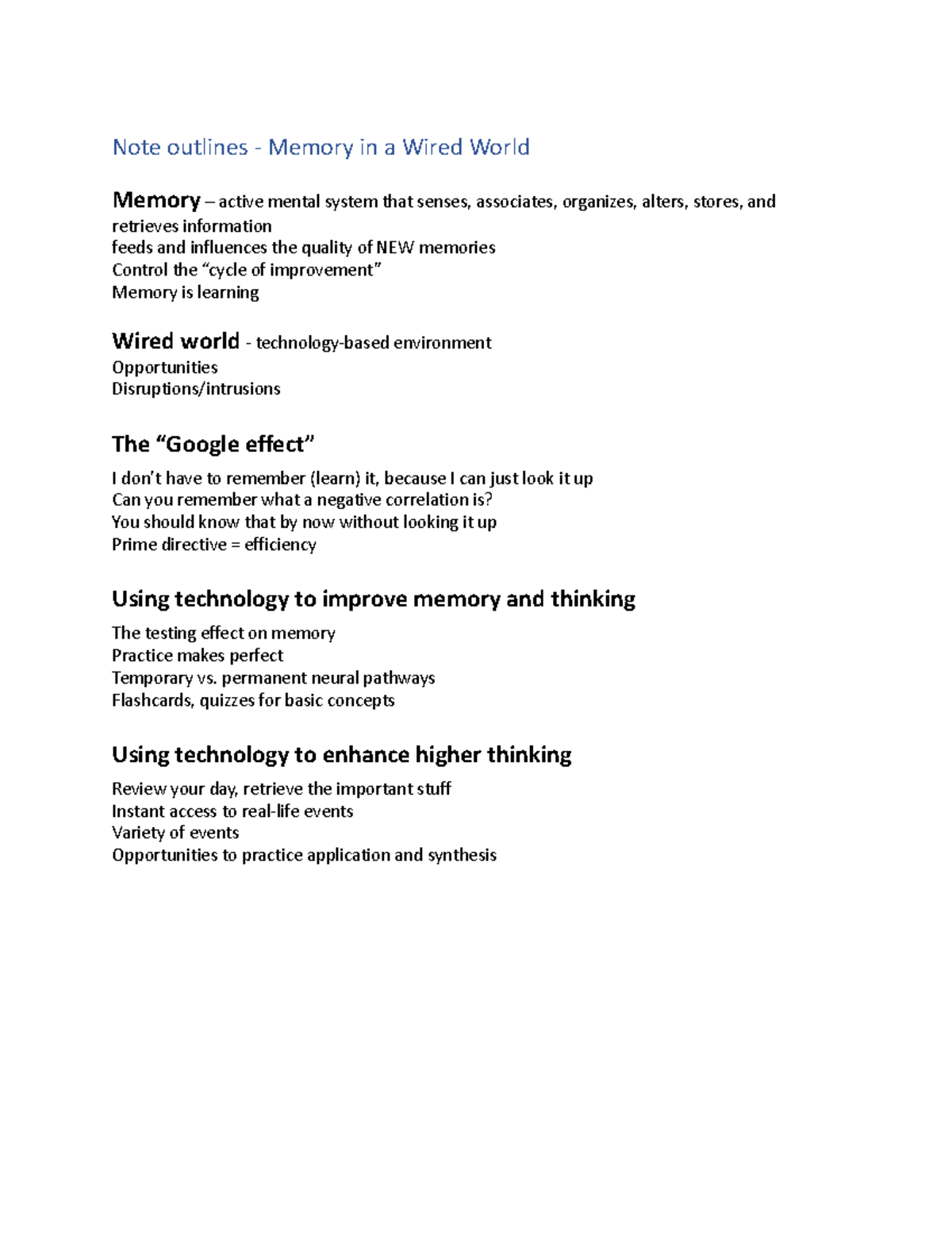 W11 outlines Memory in a Wired World - Note outlines - Memory in a ...