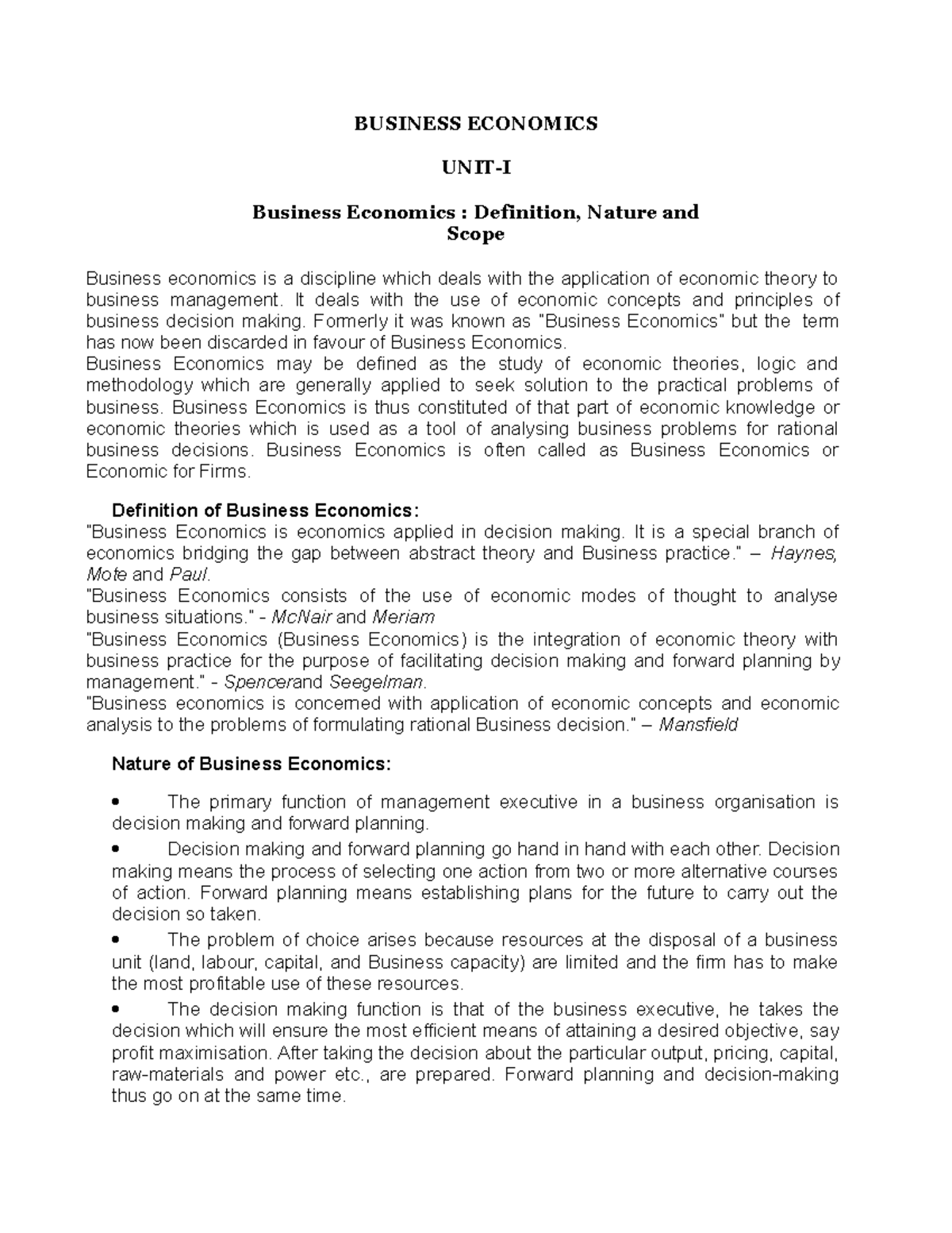 Defination of business eco - BUSINESS ECONOMICS UNIT-I Business ...