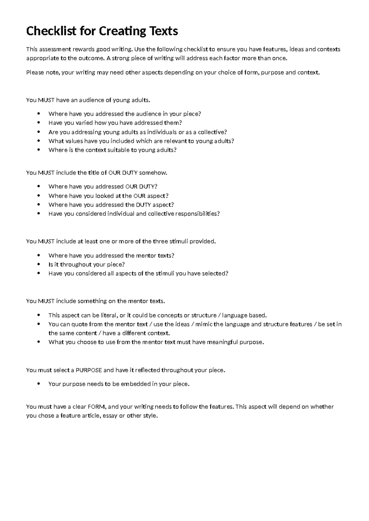 Creating Texts checklist - Checklist for Creating Texts This assessment ...