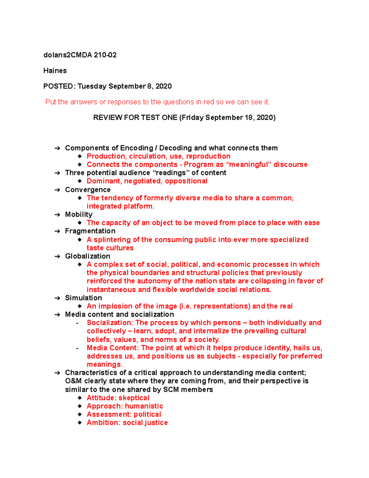 CMDA 210 Review FOR TEST ONE - dolans2CMDA 210- Haines POSTED: Tuesday ...