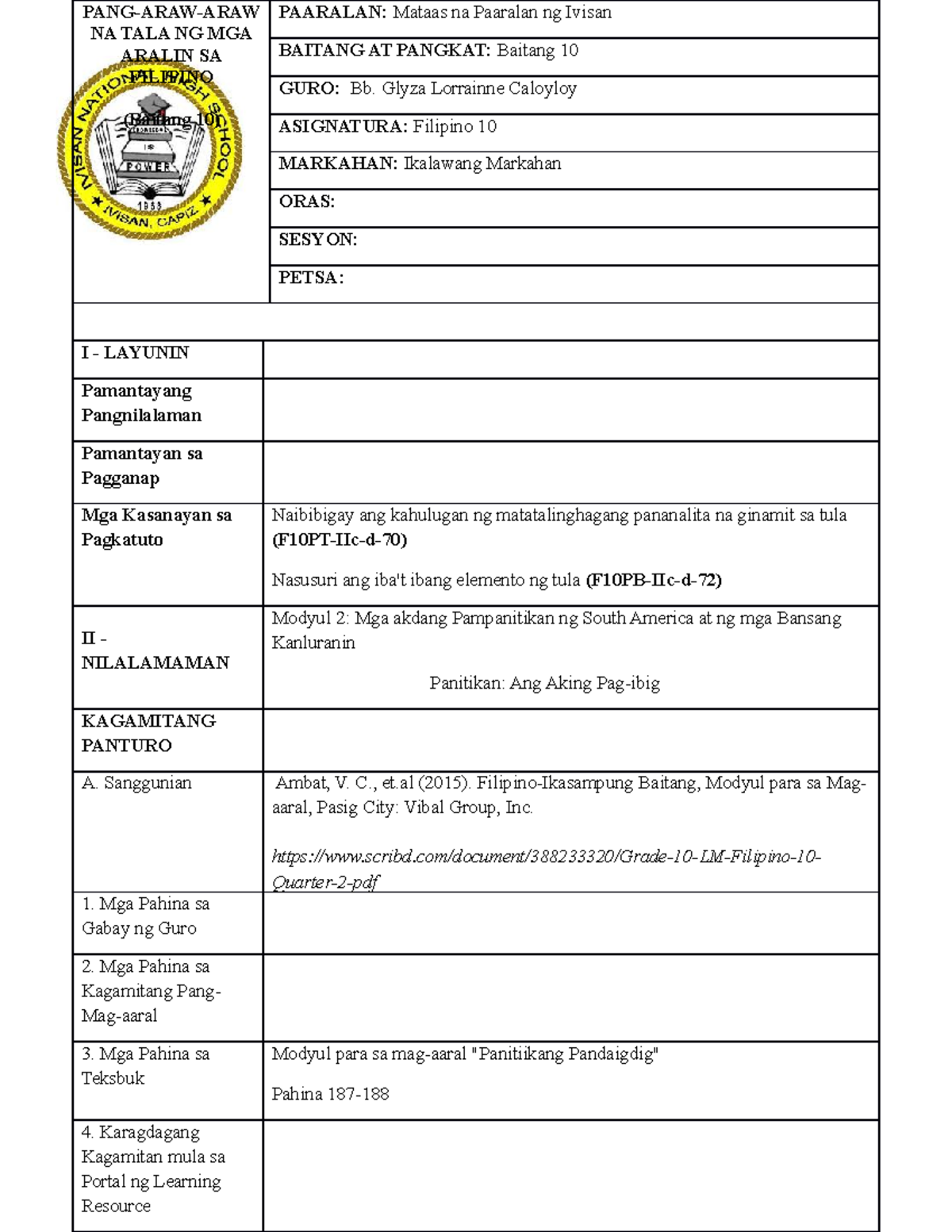 Lesson-PLAN-1 - For student teacher - PANG-ARAW-ARAW NA TALA NG MGA ...