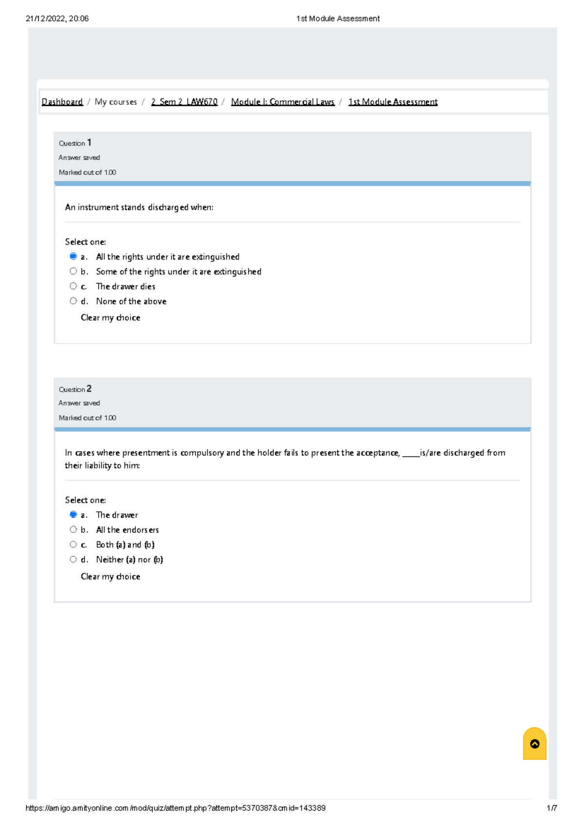 1st Module Assessment - Question 1 Answer saved Marked out of 1 ...