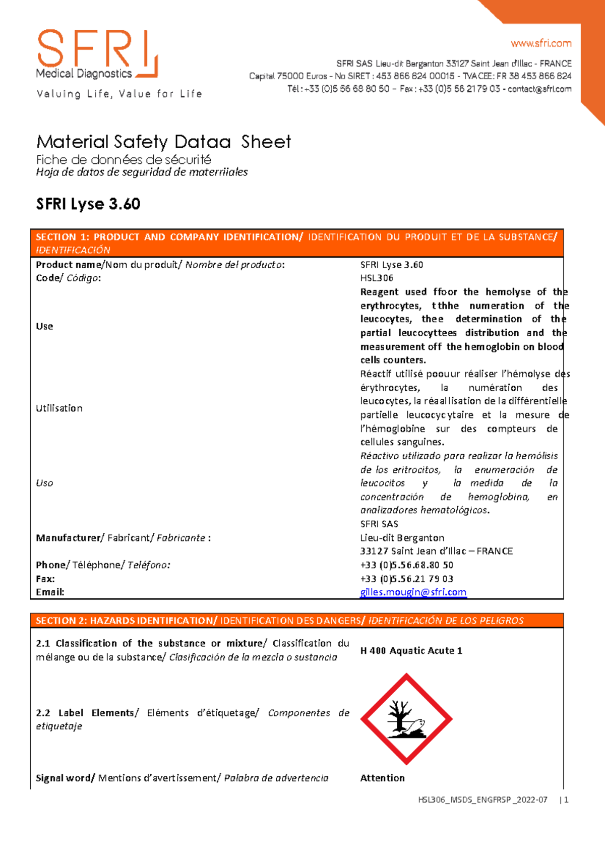 MSDS HSL306 2022-07 - msds - Sheet ales SECTION 1: PRODUCT AND COMPANY IDENTIFICATION/ - Studocu