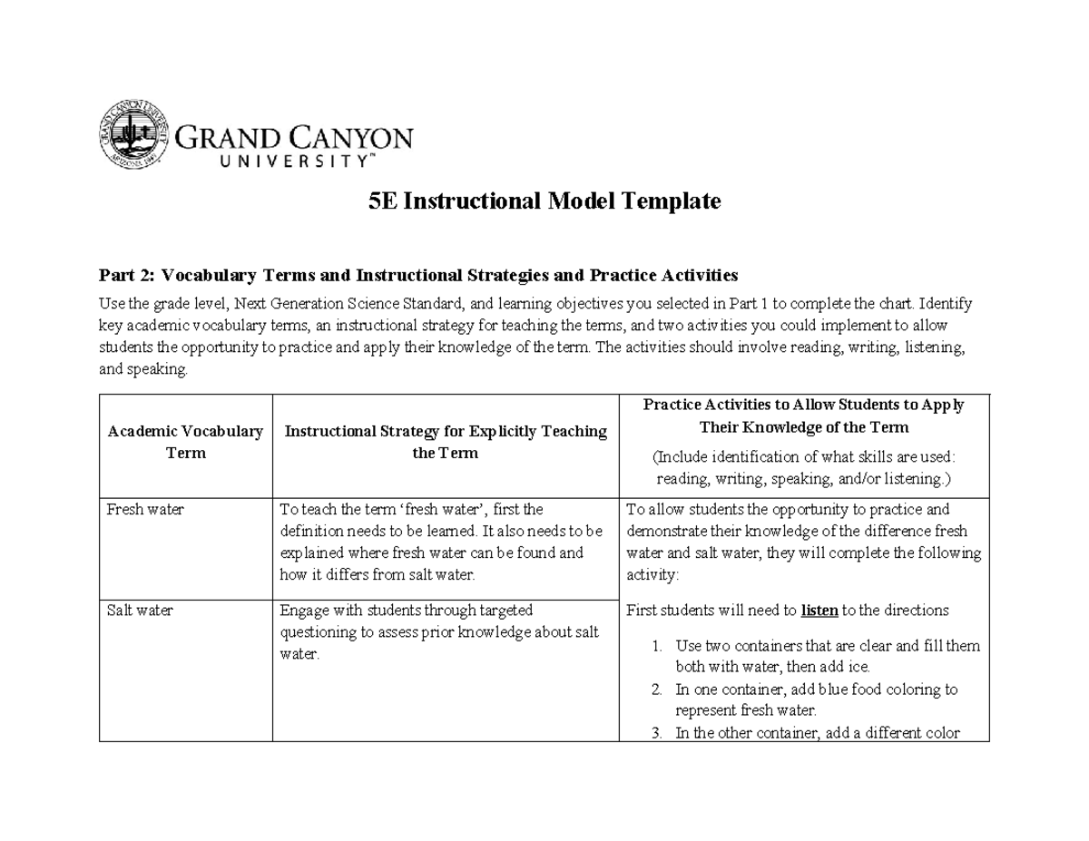 T4-Content Language Strategies - 5E Instructional Model Template Part 2: Vocabulary Terms and ...