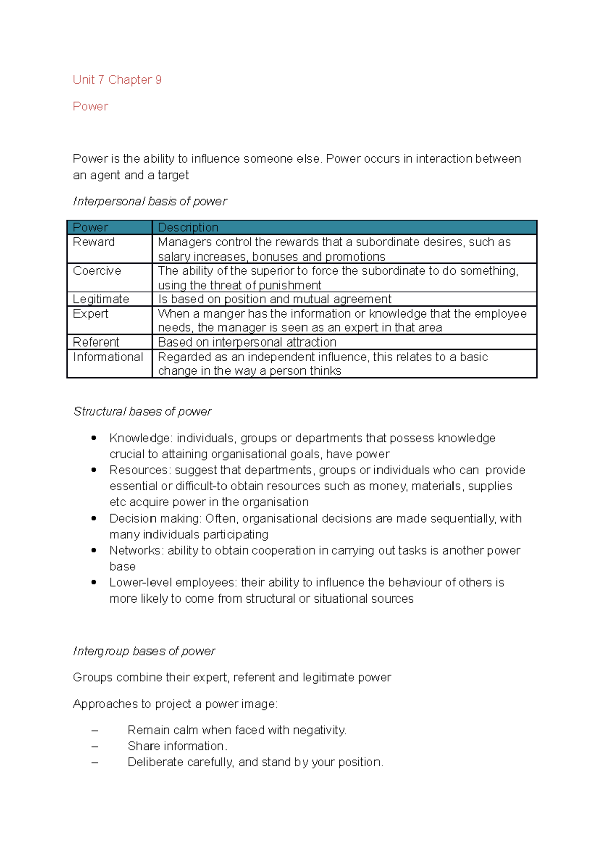 EORG 3715 Chapter 7 - Lecture notes 5-7 - Unit 7 Chapter 9 Power Power ...