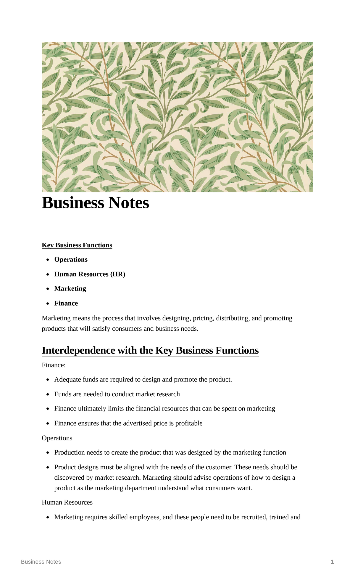 Business Notes - cv d - Business Notes Key Business Functions ...