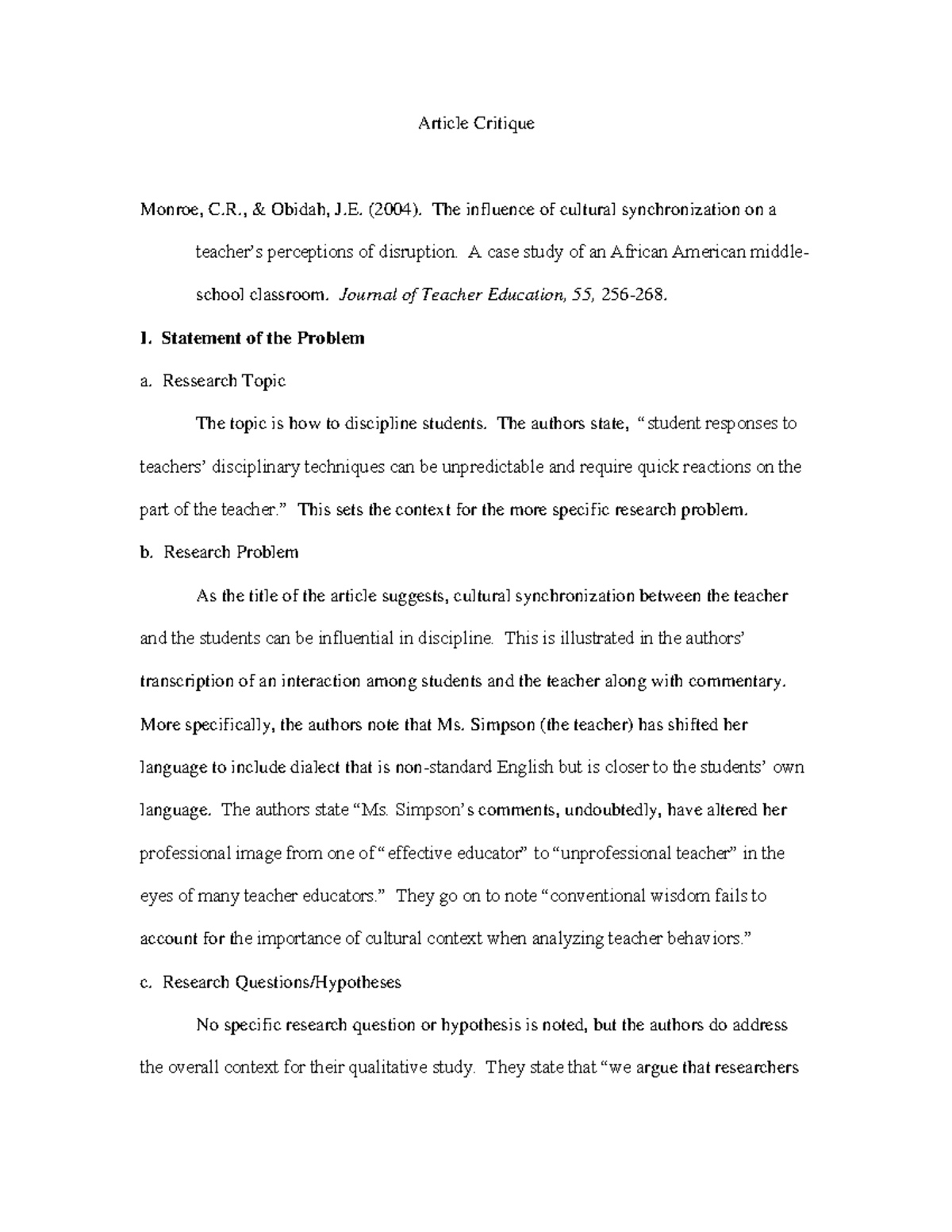 Article Critique Example - Article Critique Monroe, C., & Obidah, J ...