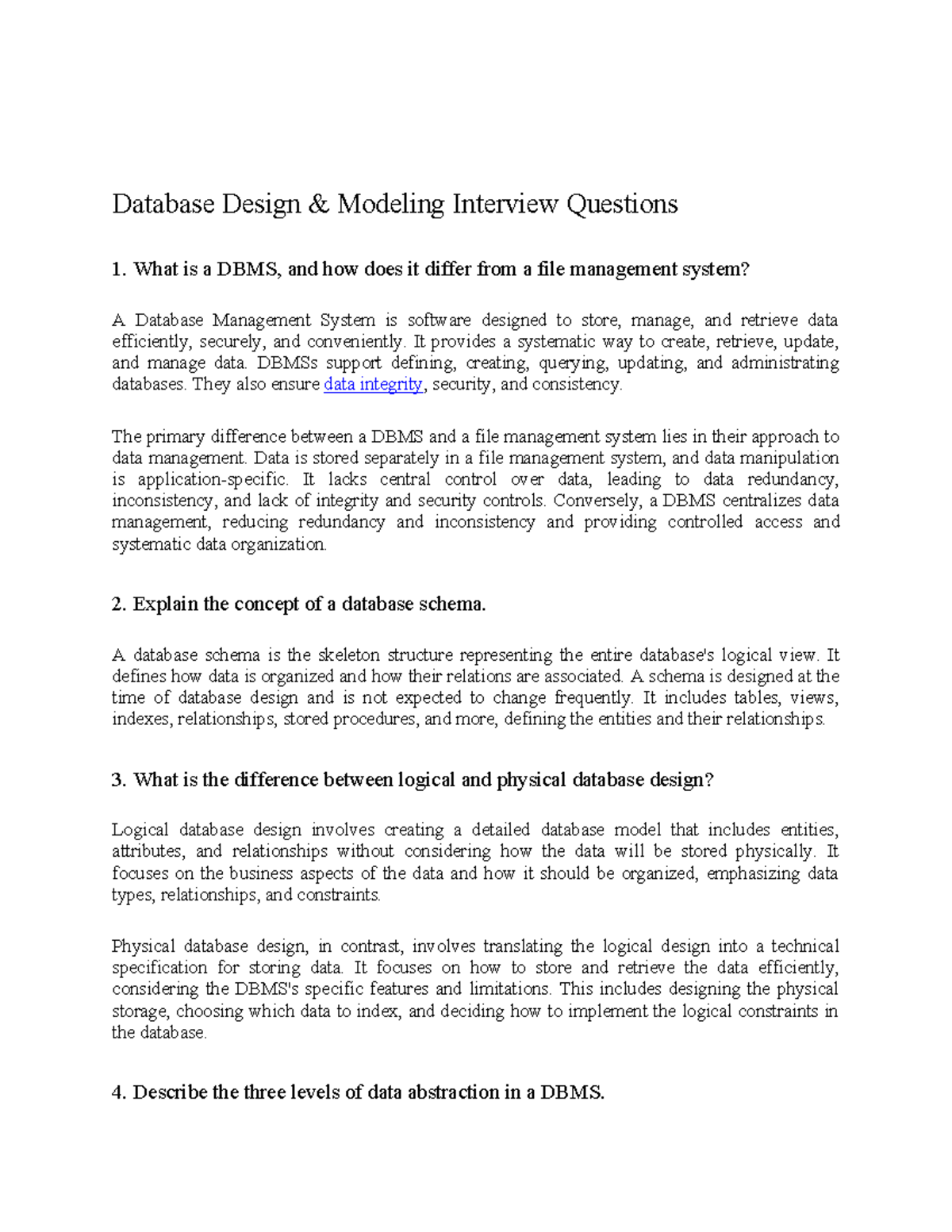 DBMS Interview Questions - Database Design & Modeling Interview ...