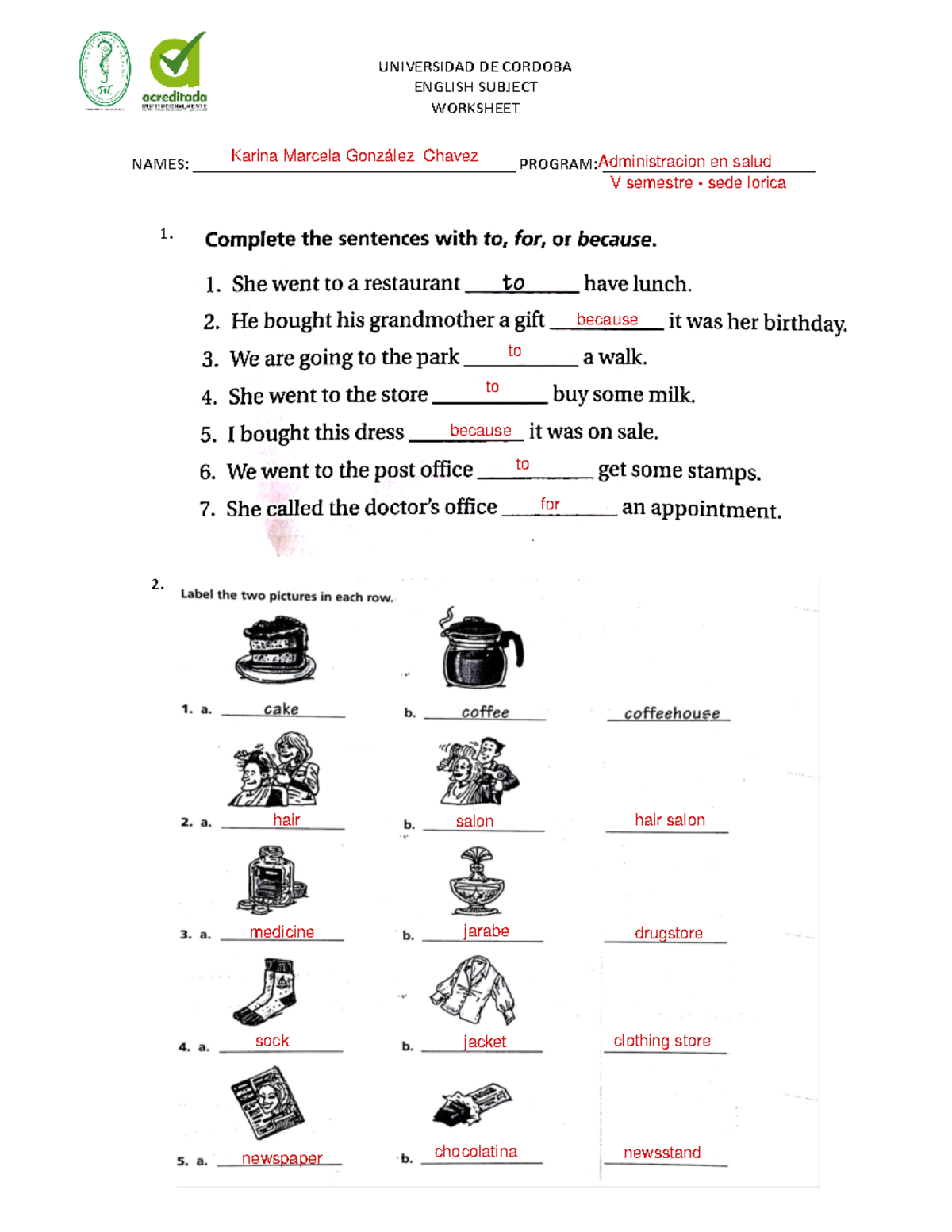 Taller Giving Reasons Worksheet (Salud) - Inglés I - UNIVERSIDAD DE ...