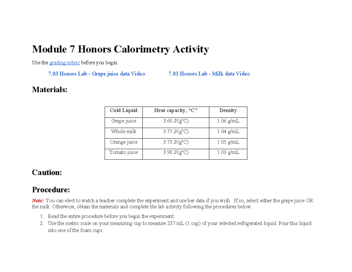 Copy of 7.03H Calorimetry 5 - Module 7 Honors Calorimetry Activity Use the grading rubric before ...
