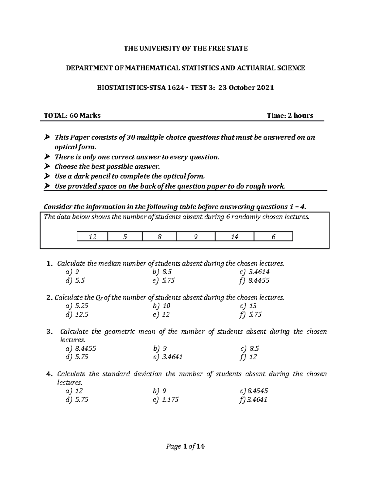 Test 3 - Semester test 3 - THE UNIVERSITY OF THE FREE STATE DEPARTMENT ...