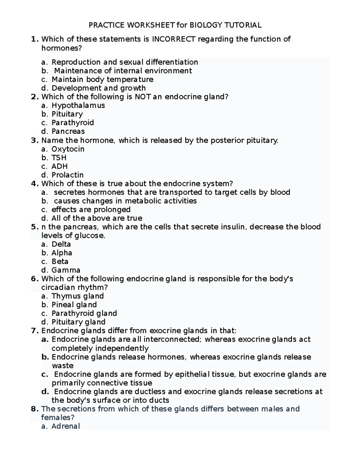 Practice Worksheet for Biology Tutorial - PRACTICE WORKSHEET for ...