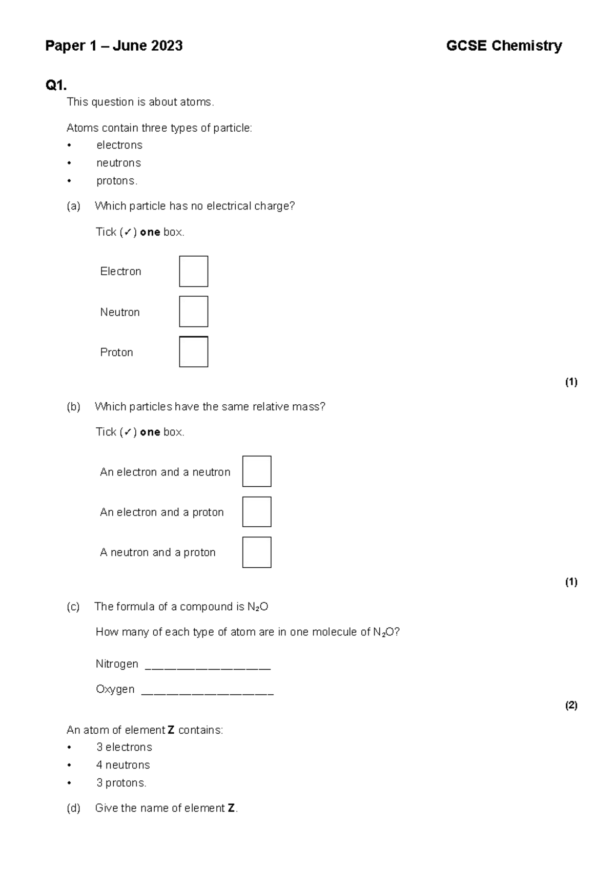 Paper 1 GCSE 2023 - Paper 1 – June 2023 GCSE Chemistry Q1. This ...