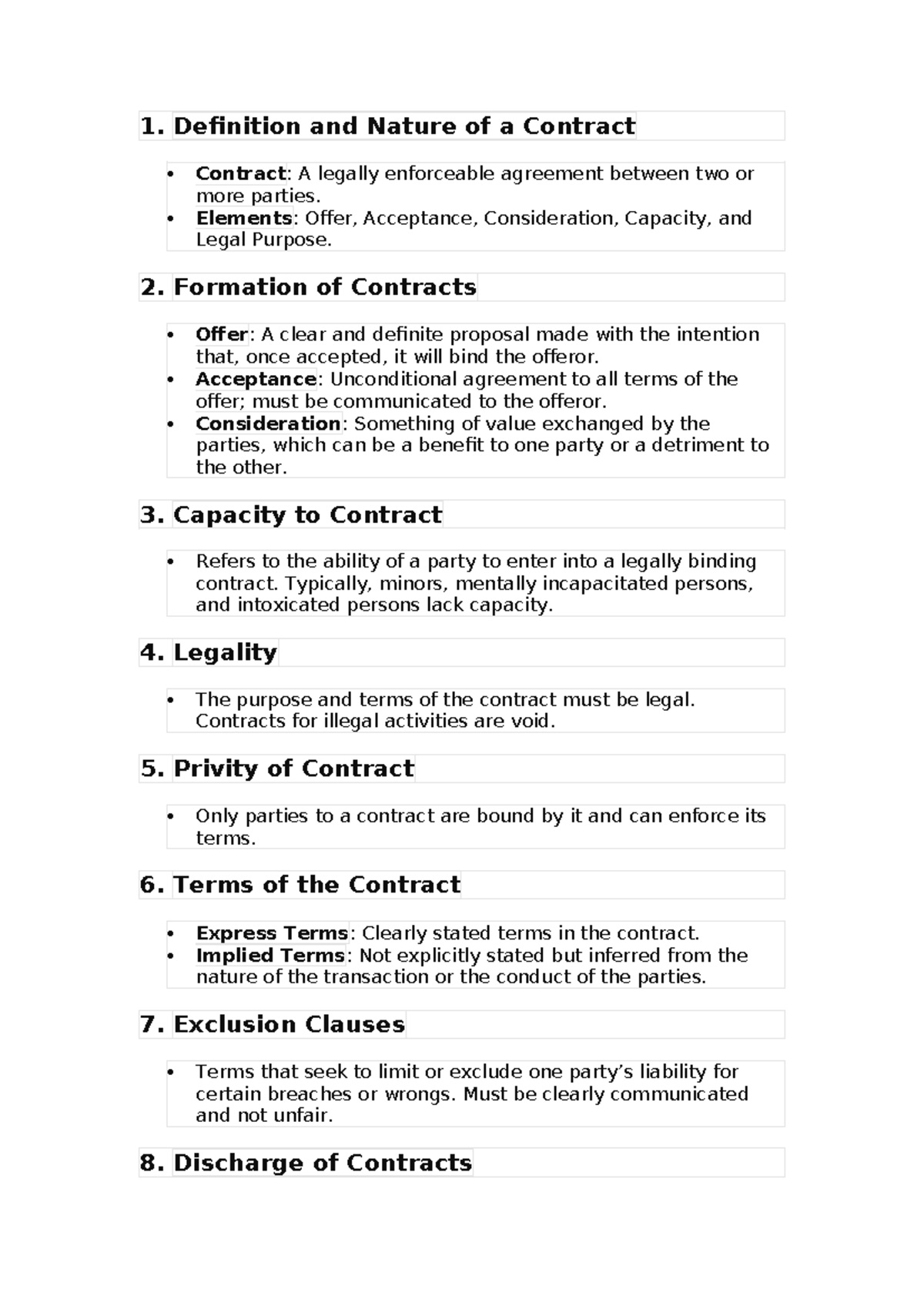 Contracts revision - 1. Definition and Nature of a Contract Contract: A legally enforceable ...