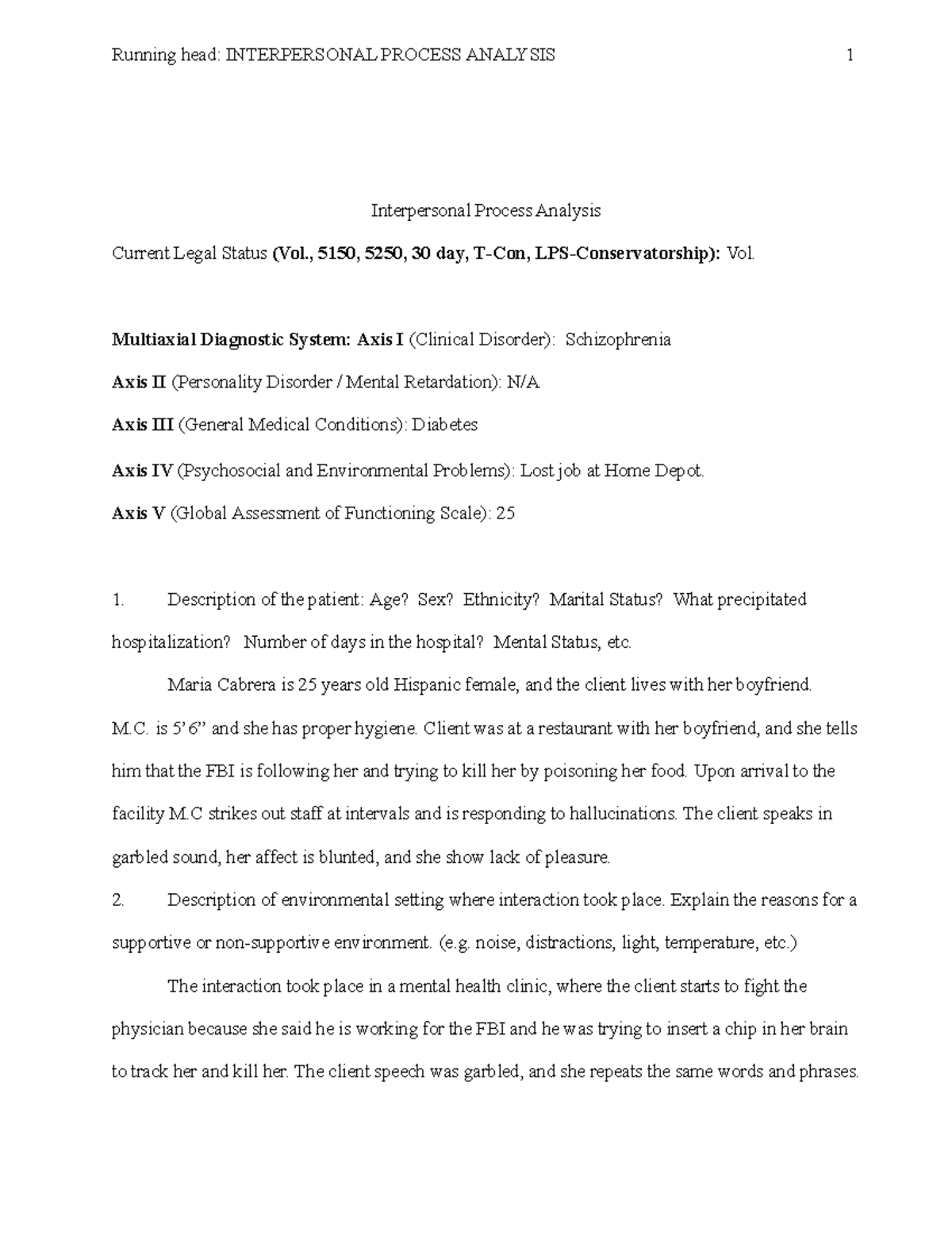 NURS 223L - Interpersonal Process Analysis Template - Running head ...