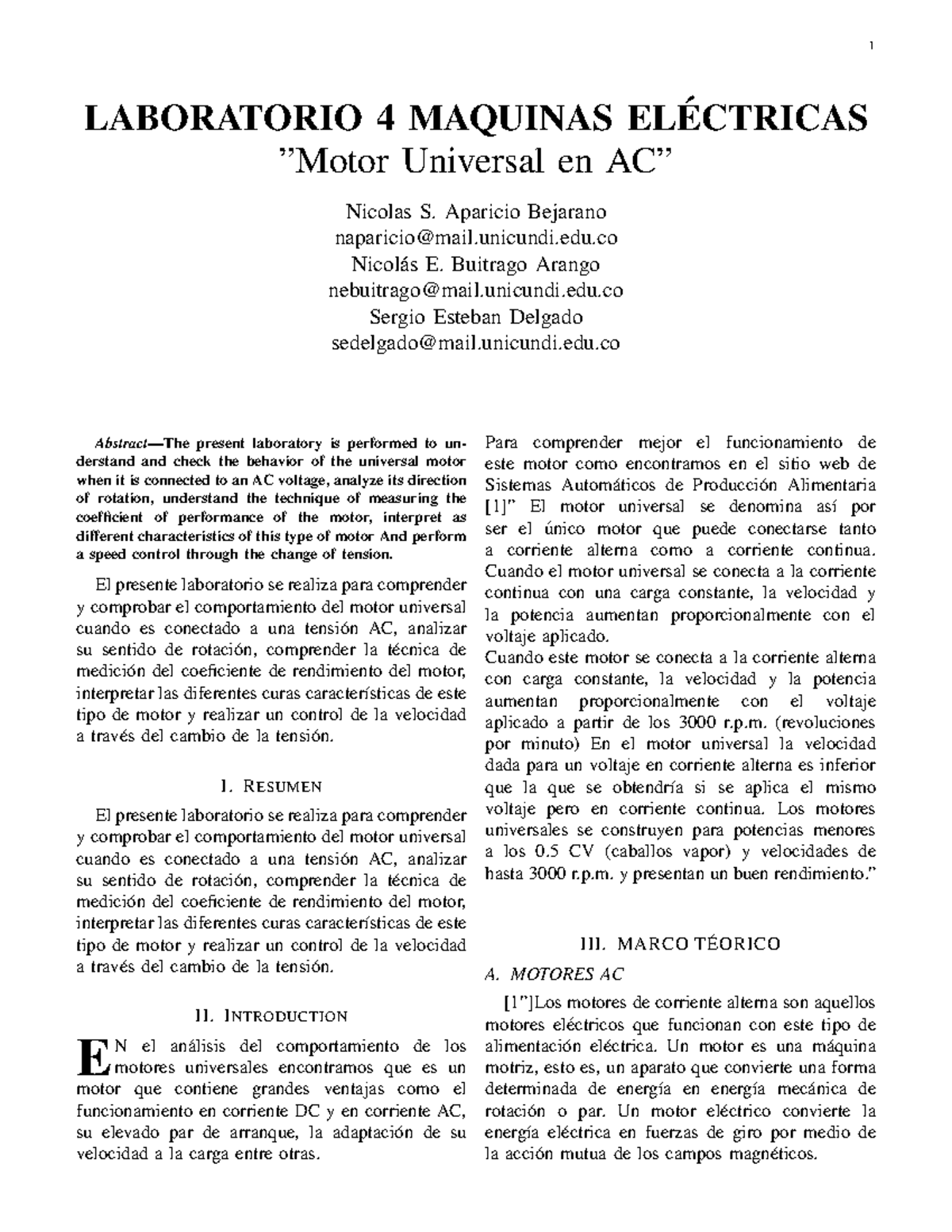 motor universal, práctica de laboratorio , resultados obtenidos ...