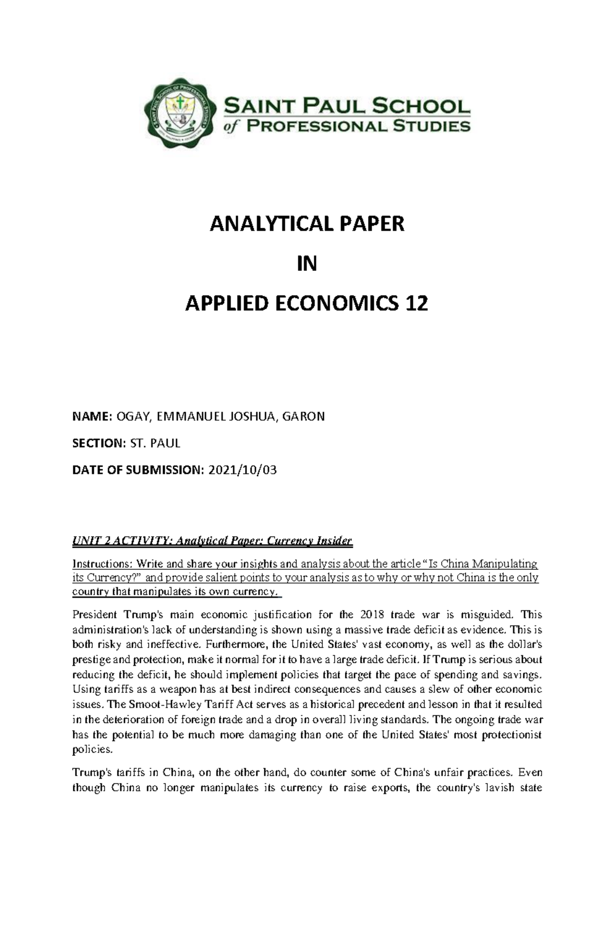 Analytical Paper Format UNIT 2 Activity OGAY Emmanuel ST PAUL ...