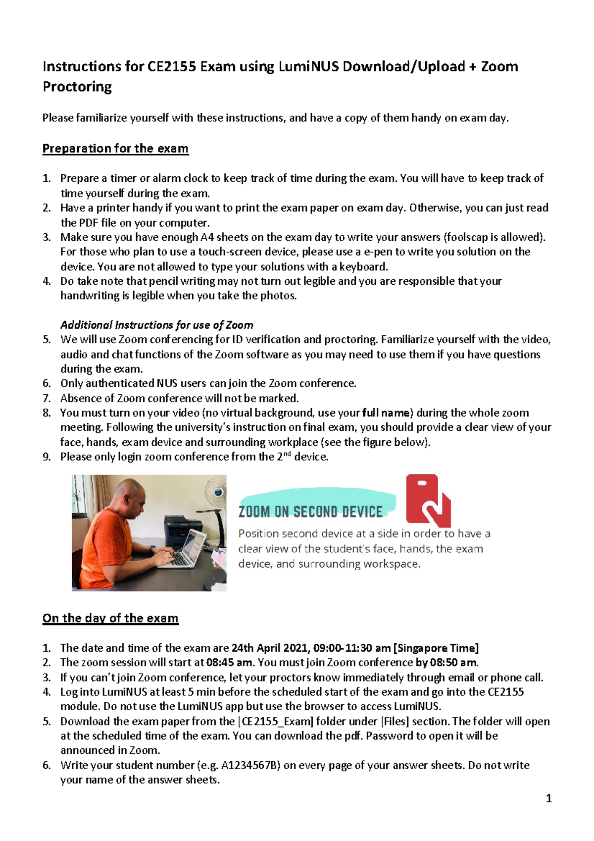 Exam Instruction Final - 1 Instructions for CE2155 Exam using LumiNUS ...