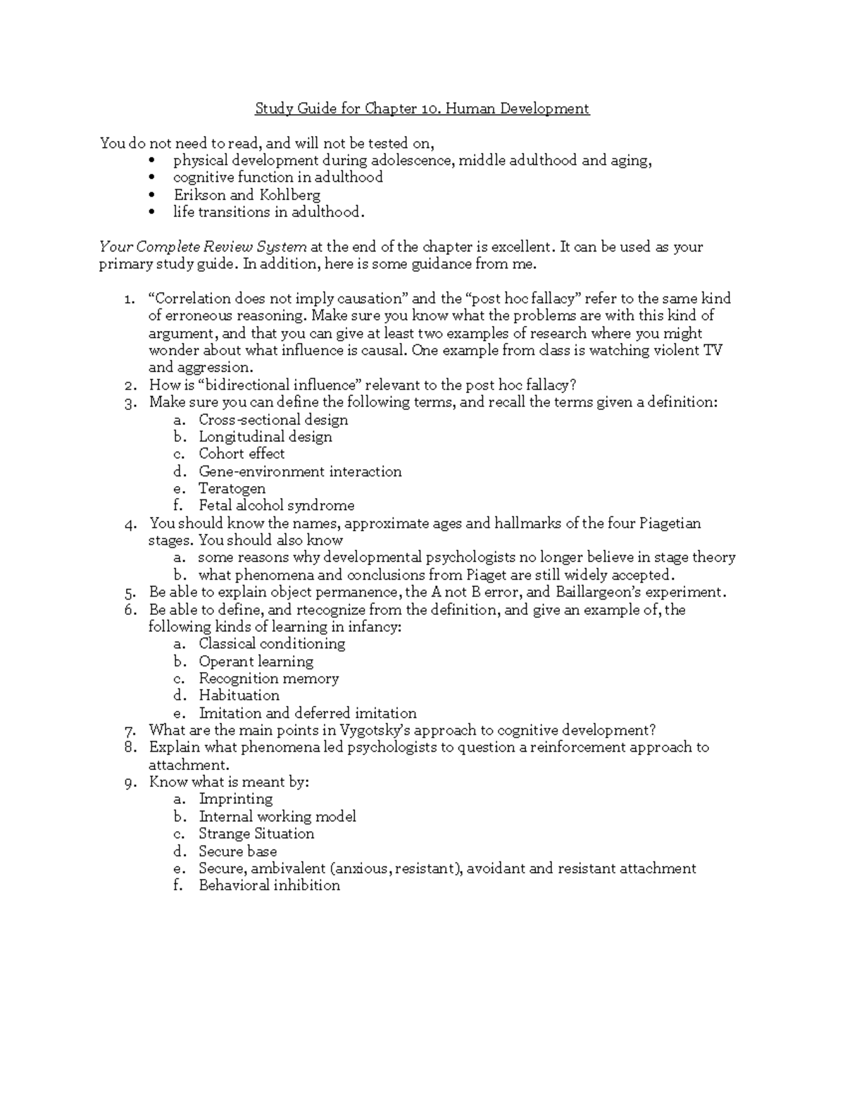 Study Guide for Chapter 10 - Human Development You do not need to read ...