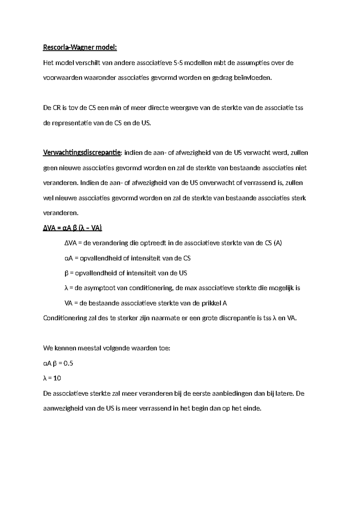 deel 1 H2 rescorla wagner model extra uitleg - Rescorla-Wagner model ...