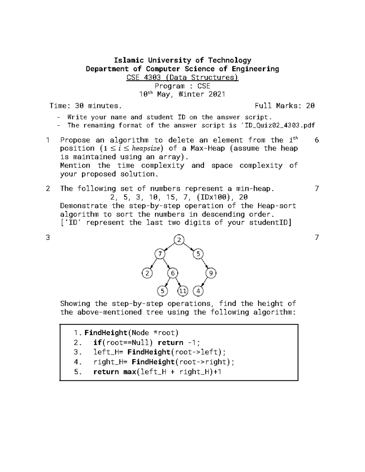 Cse 4303 Data Structures Quiz02 Winter 20 21 Islamic University Of Technology Department Of 5060