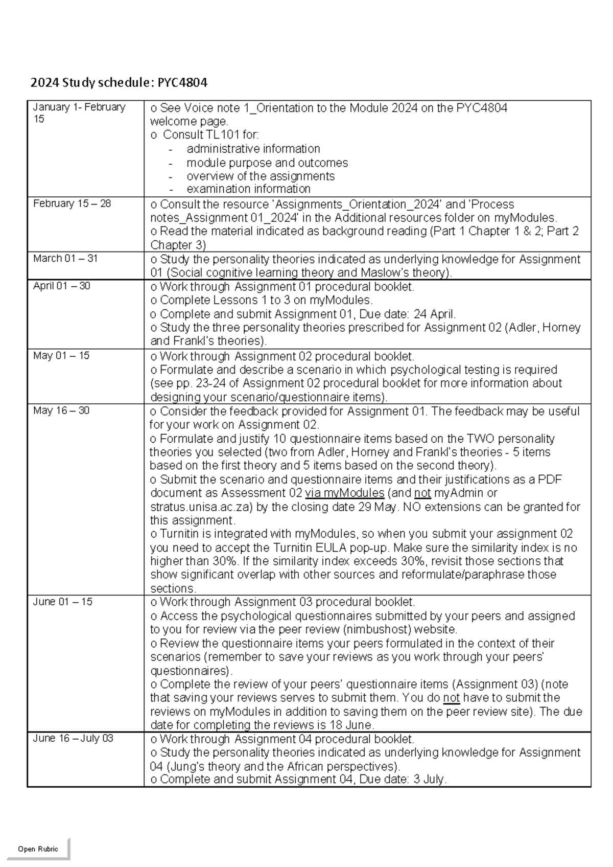 2024 Study schedule PYC4804 - 2024 Study schedule: PYC January 1 ...