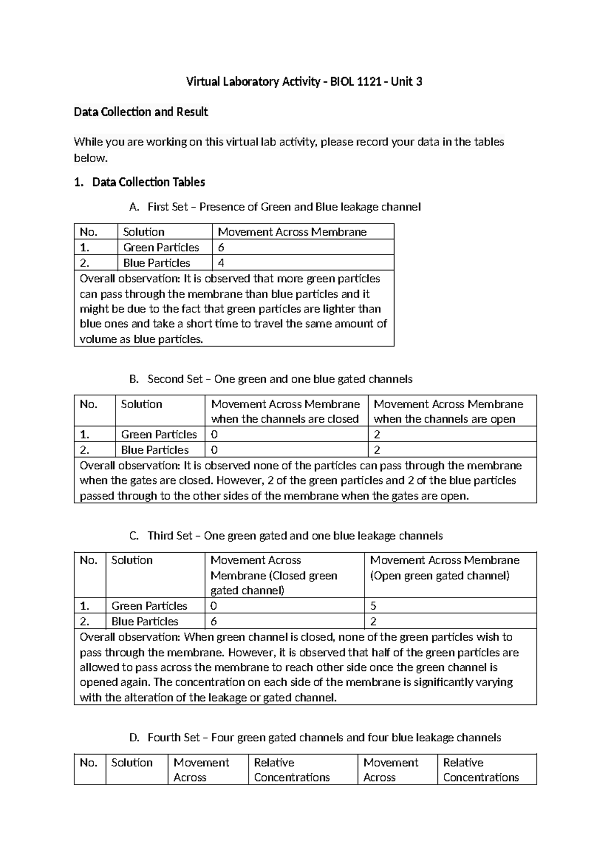 Week 6 Lab Assignment Report - Virtual Laboratory Activity - BIOL 1121 - Unit 3 Data Collection ...