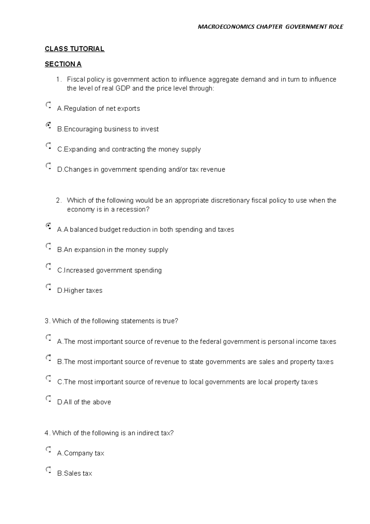 Macroeconomics Class Tutoria 1 - MACROECONOMICS CHAPTER GOVERNMENT ROLE ...